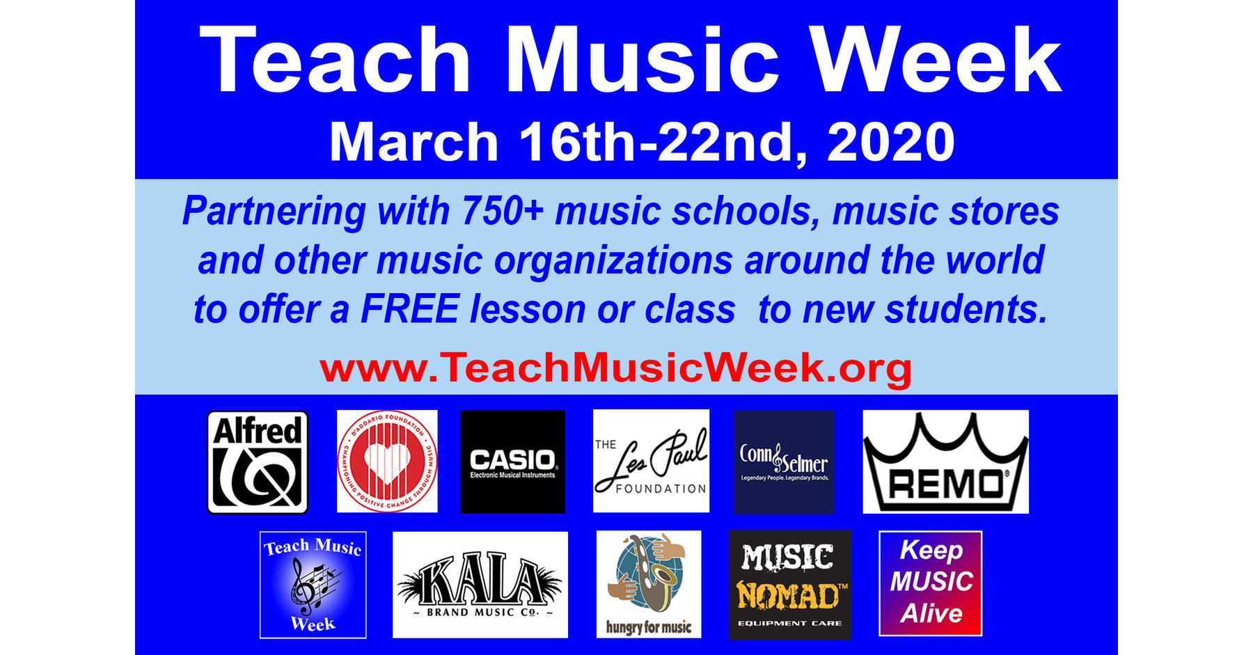 Teach Music Week to Offer FREE Lessons to New Students: March 16-22
