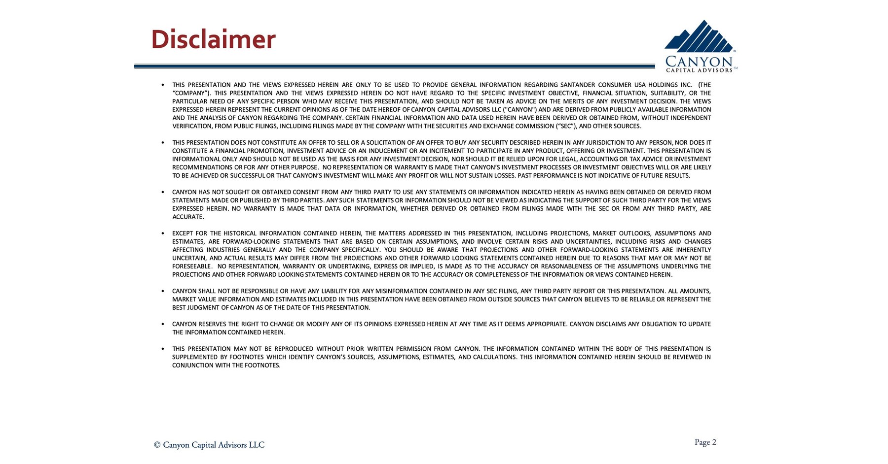 Canyon Partners Sends Presentation to Santander Consumer USA Holdings Inc.