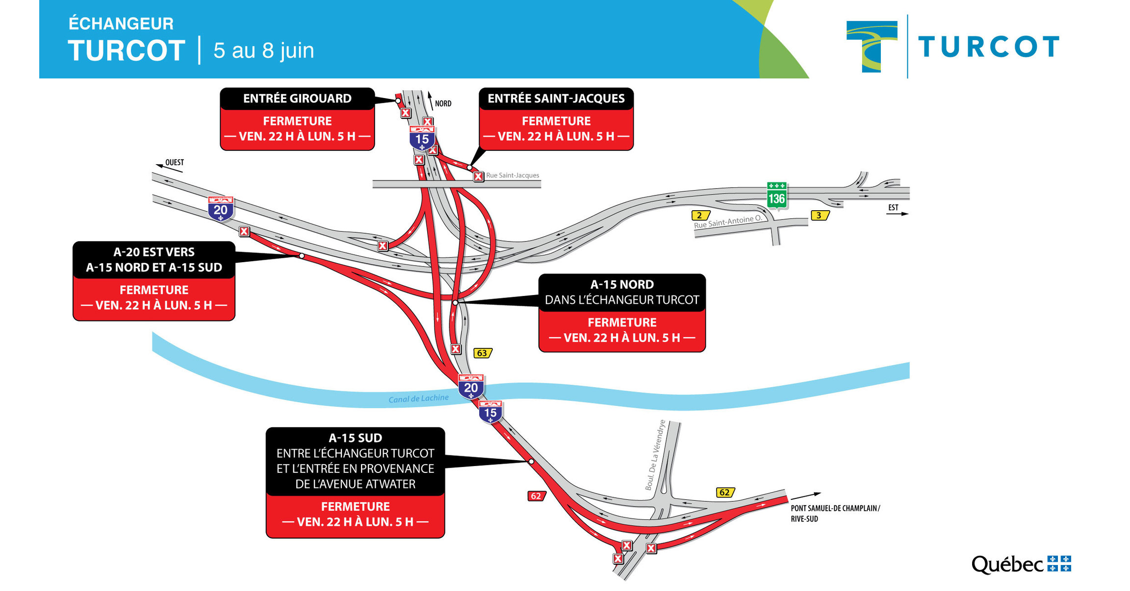 Projet Turcot - Fermetures majeures dans le corridor de l'autoroute 15 ...