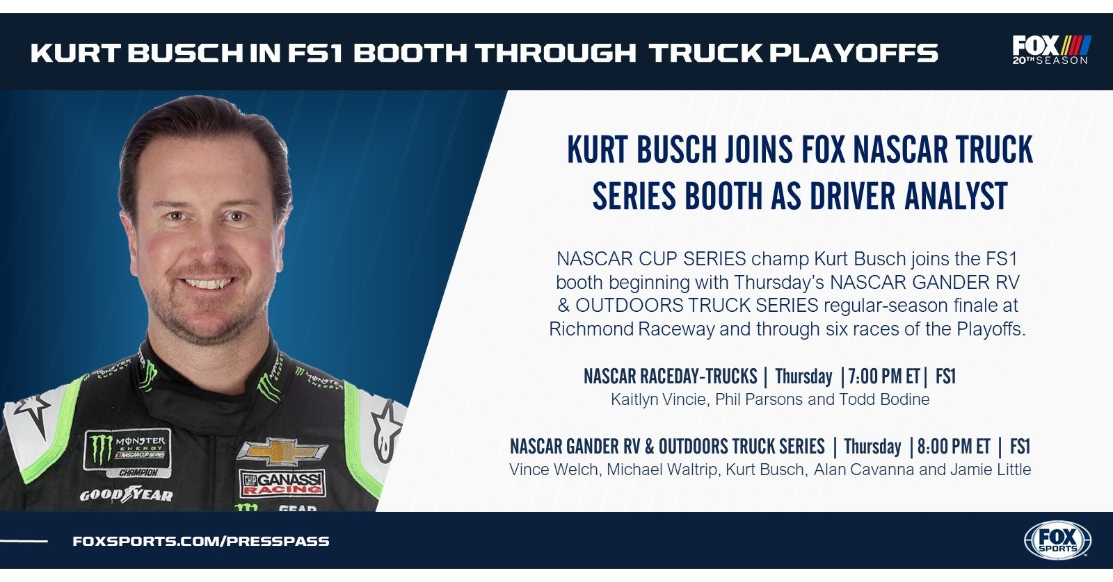 NASCAR Champion and Superstar Kurt Busch Joins FS1 NASCAR Truck Series ...