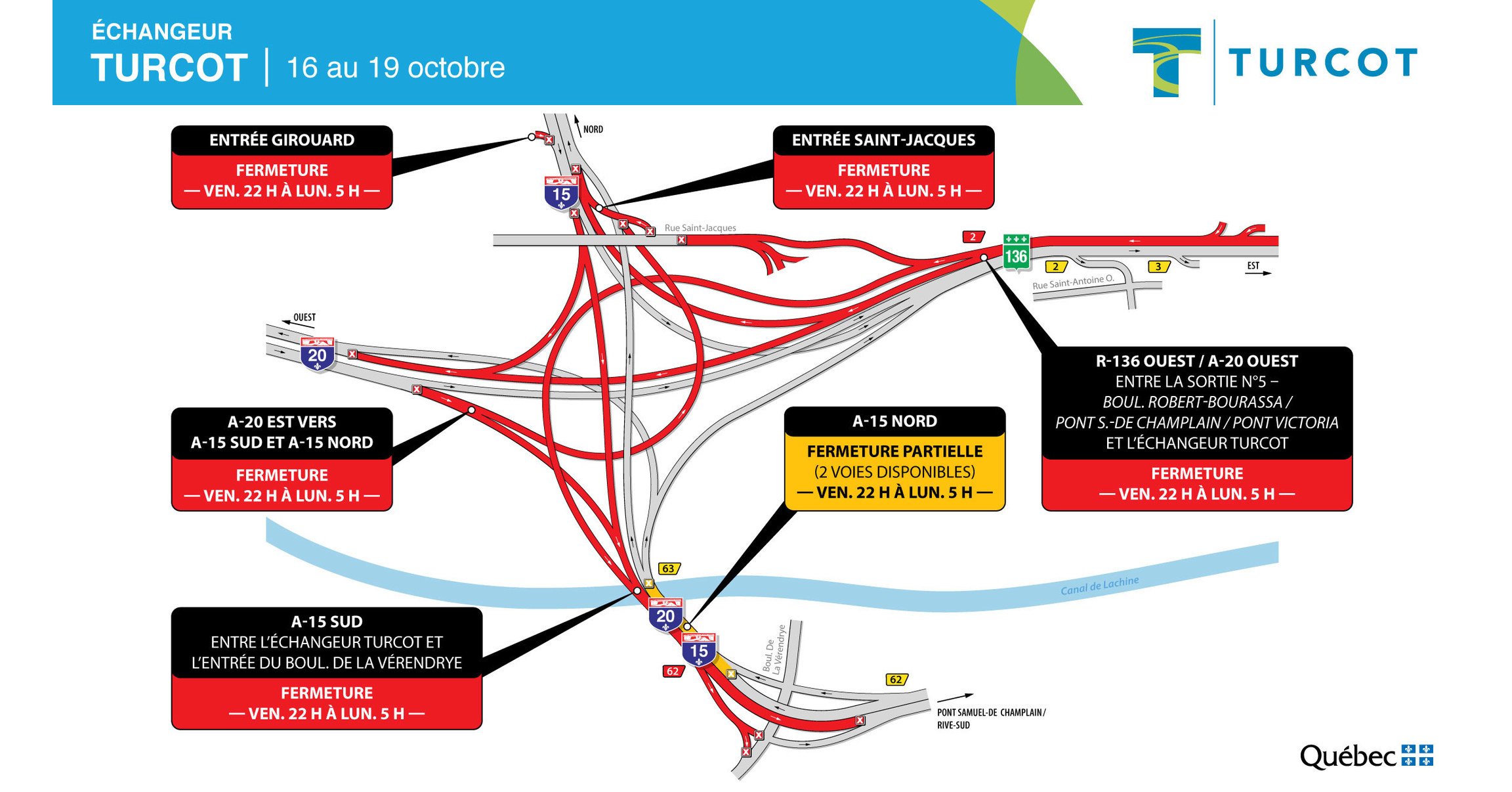 Projet Turcot - Fermetures majeures dans le secteur de l'échangeur ...
