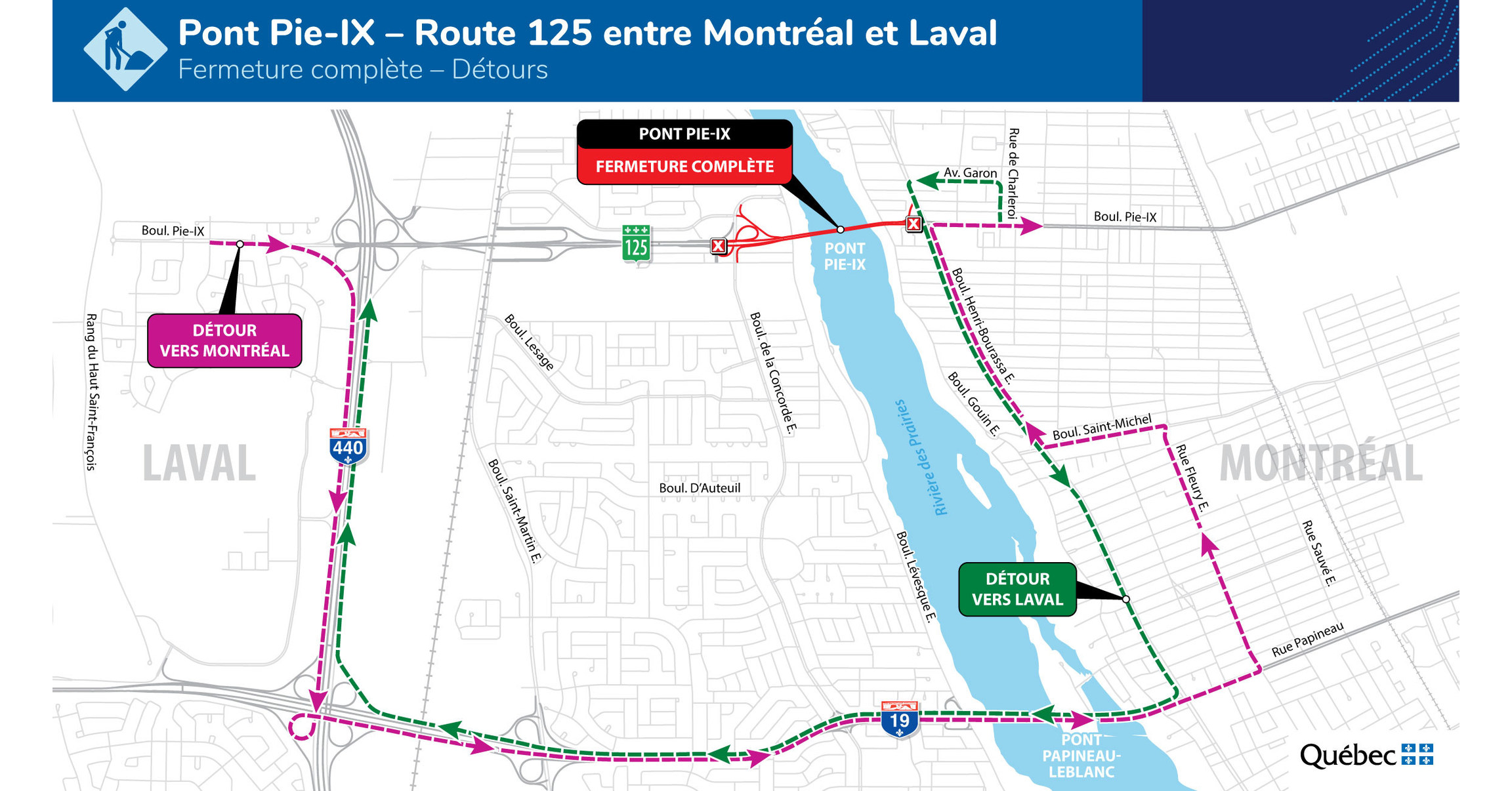 Route 125 entre Montréal et Laval - Fermeture complète du pont Pie-IX ...