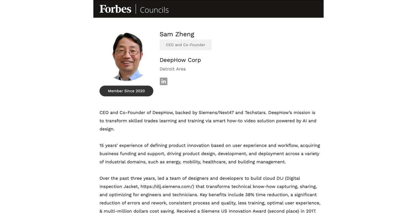 DeepHow's Sam Zheng Joins Forbes Technology Council as Human-Centered ...
