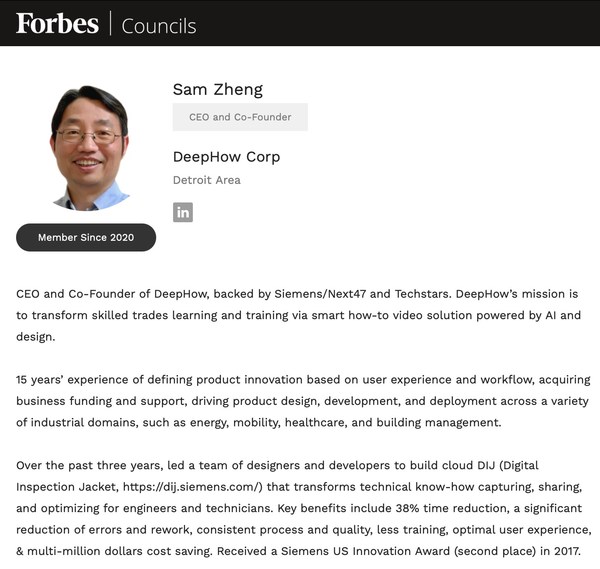 DeepHow's Sam Zheng Joins Forbes Technology Council as Human-Centered ...