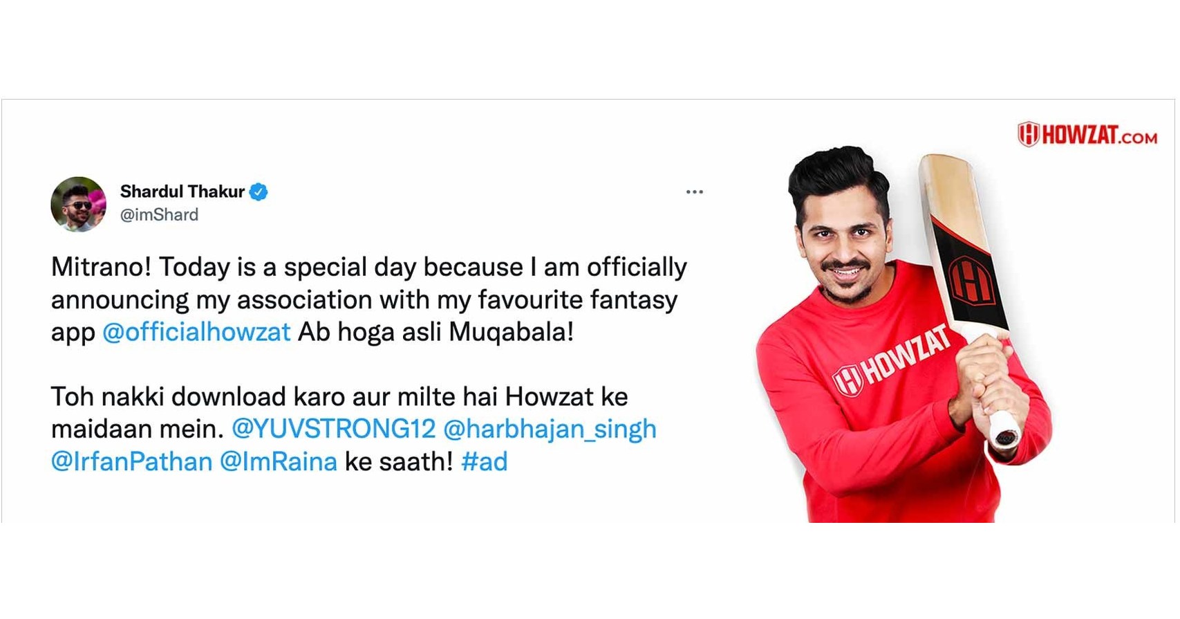 Howzat Signs Shardul Thakur as Its Newest Brand Ambassador