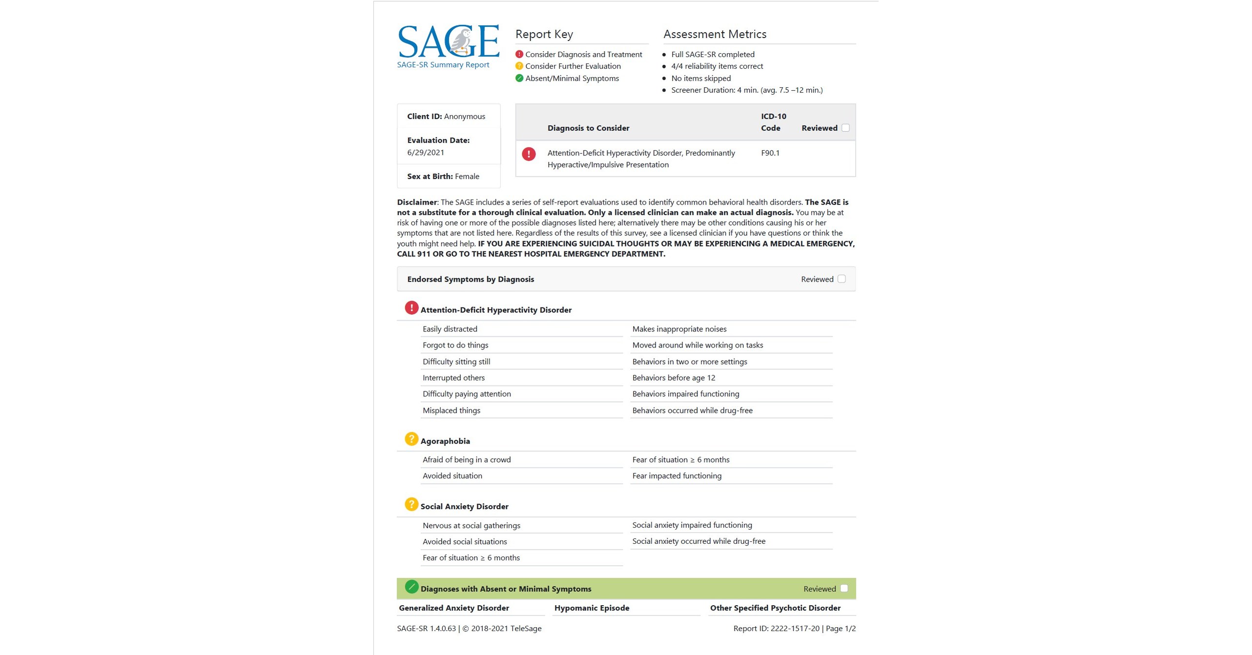 The SAGE, A Scientifically Validated Mental Health Diagnostic Screener ...