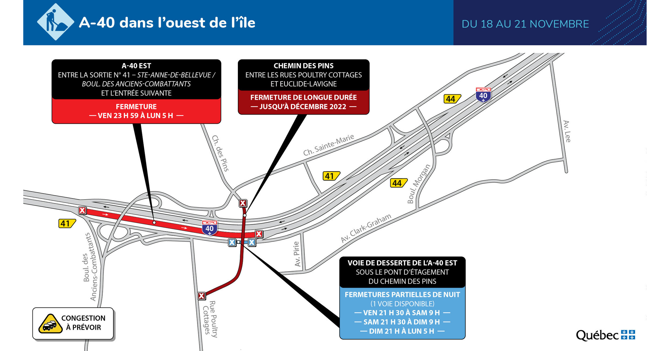 Autoroute 40 en direction est à Sainte-Anne-de-Bellevue - Fermeture ...