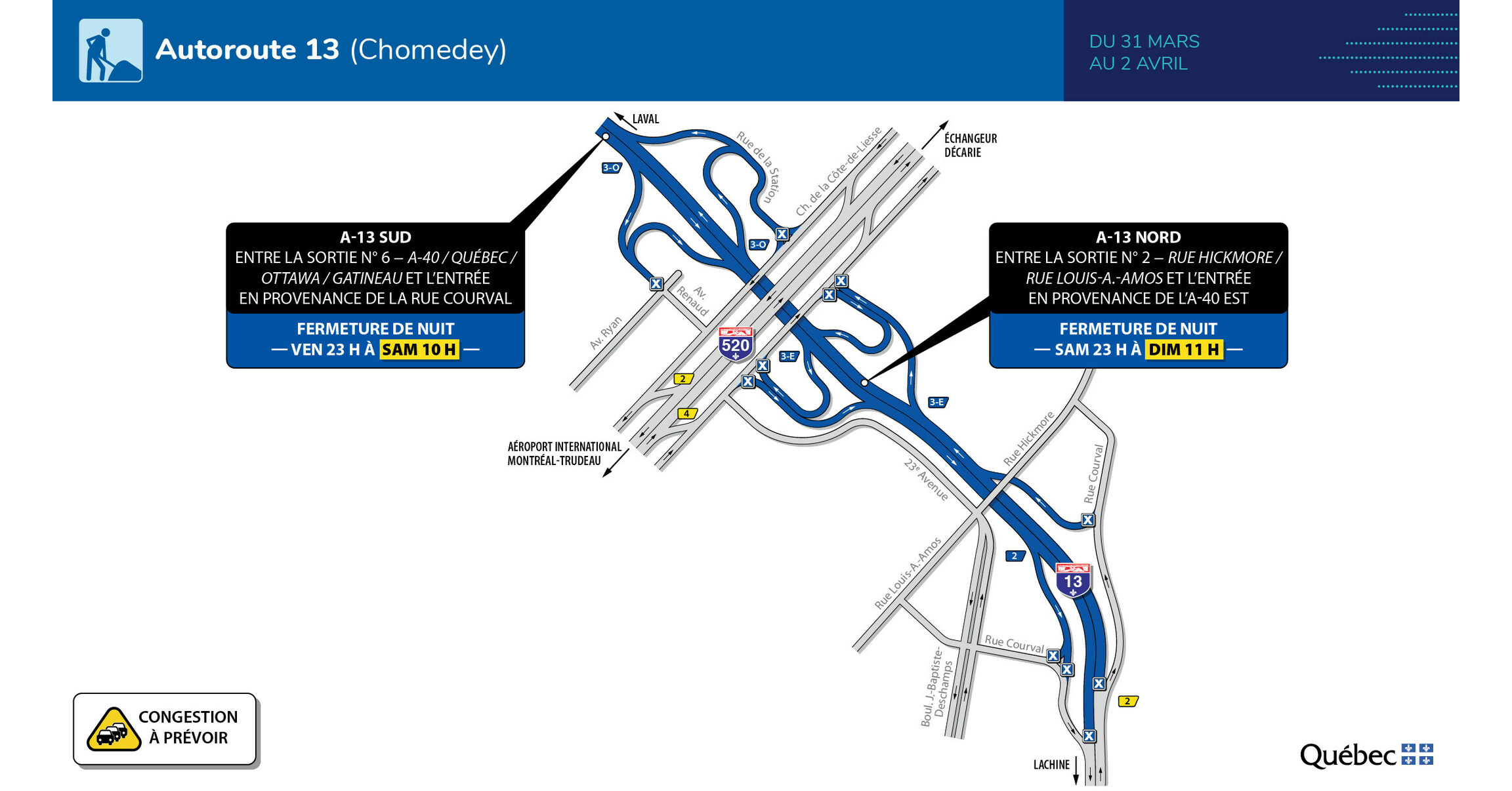 Autoroute 13 à Dorval et à Montréal - Fermetures au cours de la fin de ...