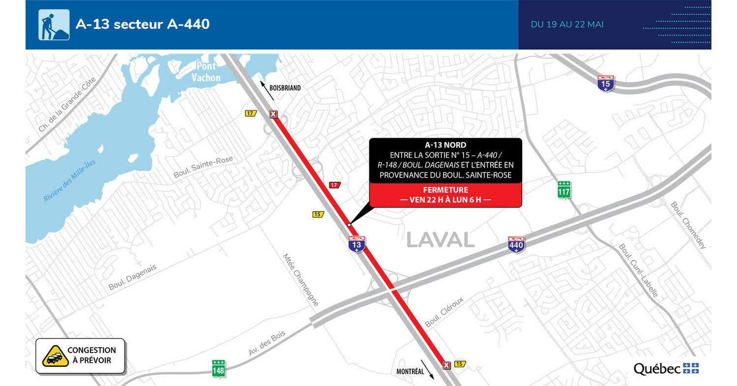 Autoroute 13 (Chomedey), à Laval - Travaux intensifs du 19 au 22 mai ...