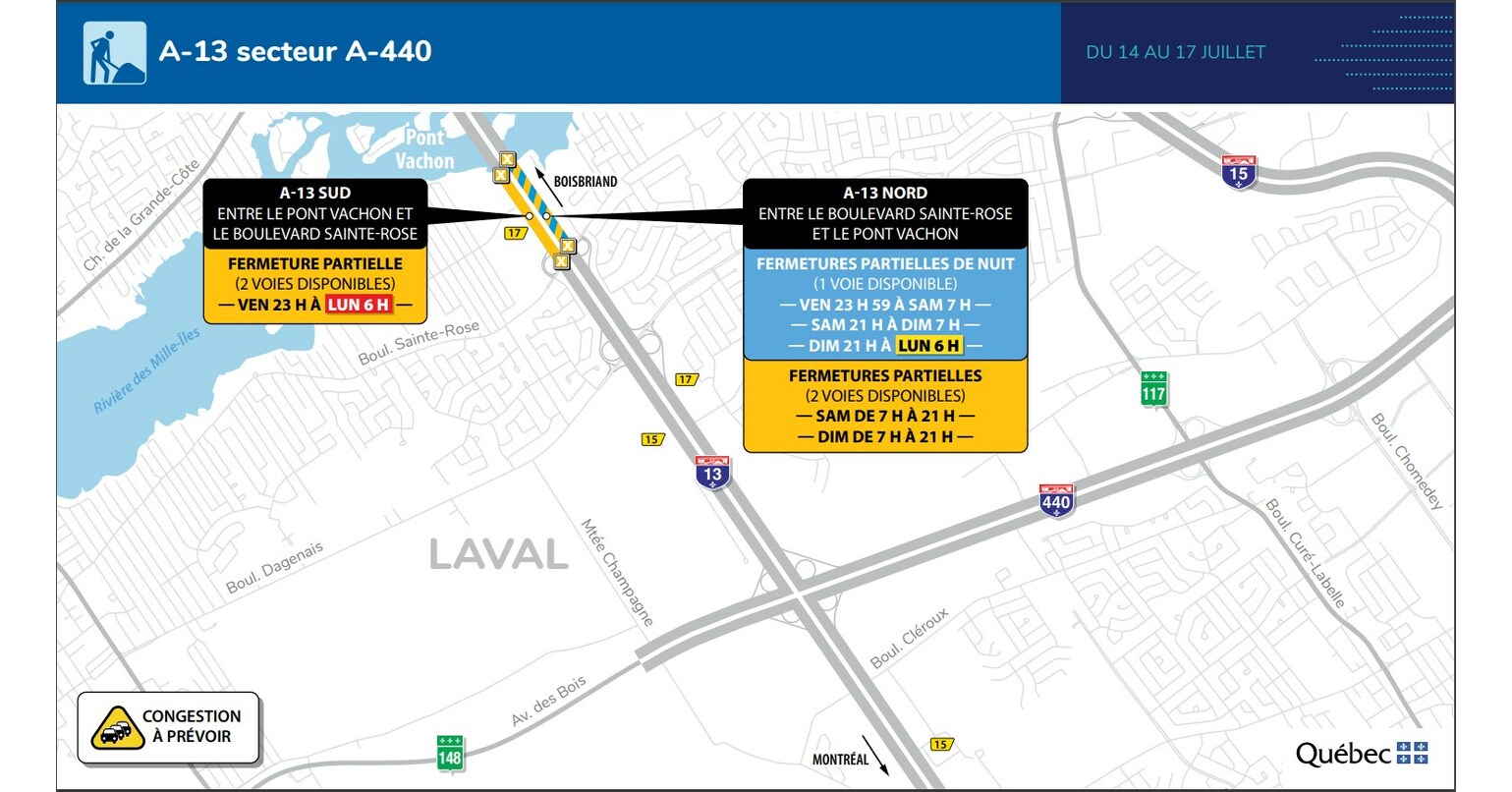 Autoroute 13 (Chomedey), à Laval - Travaux intensifs du 14 au 17 ...