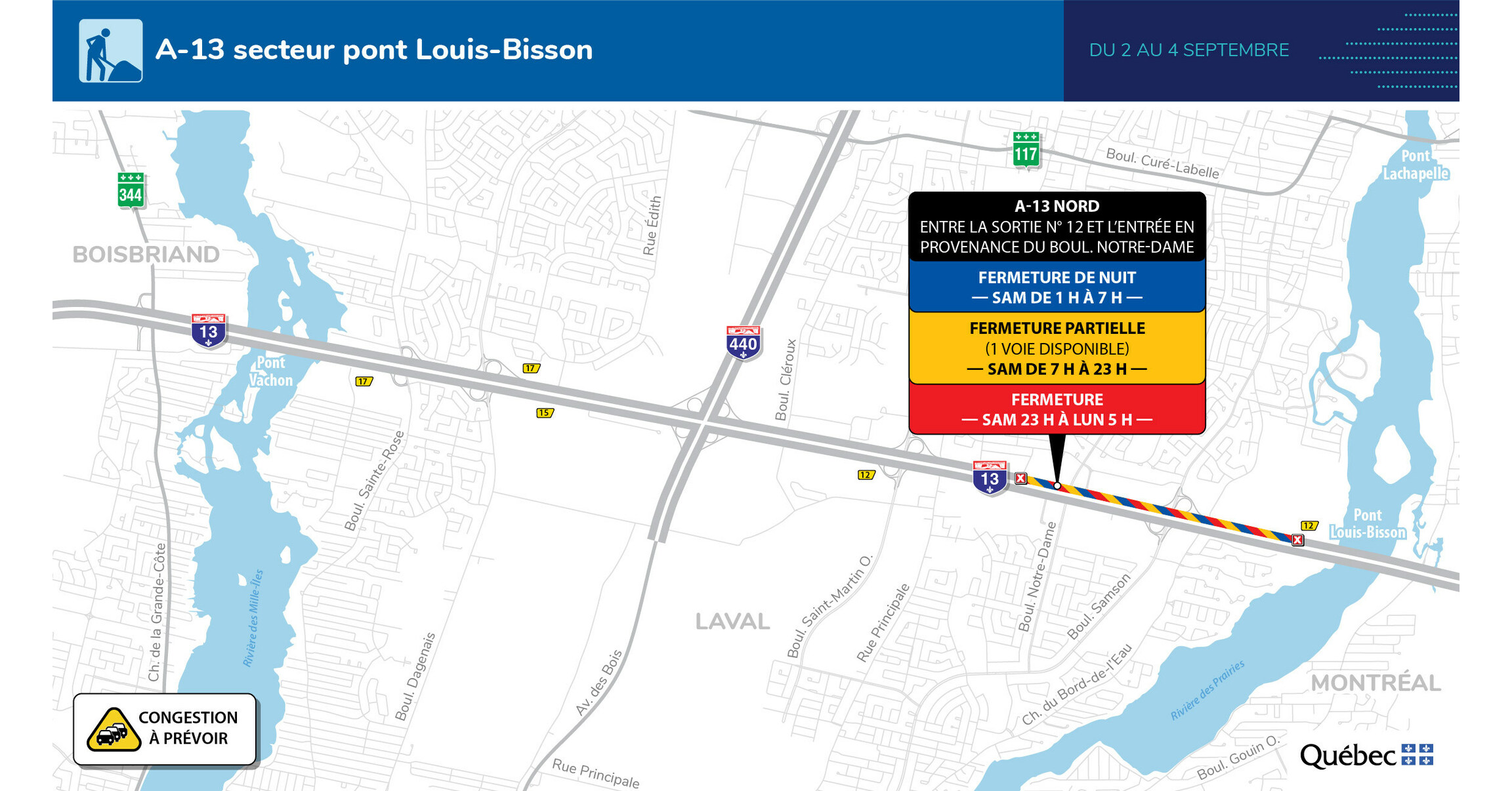 Autoroute 13 (Chomedey), à Laval - Travaux intensifs du 2 au 4 ...