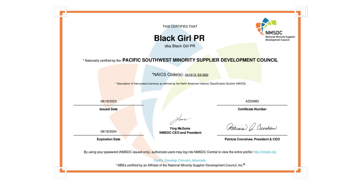 Black Girl PR Receives MBE Certification From The NMSDC