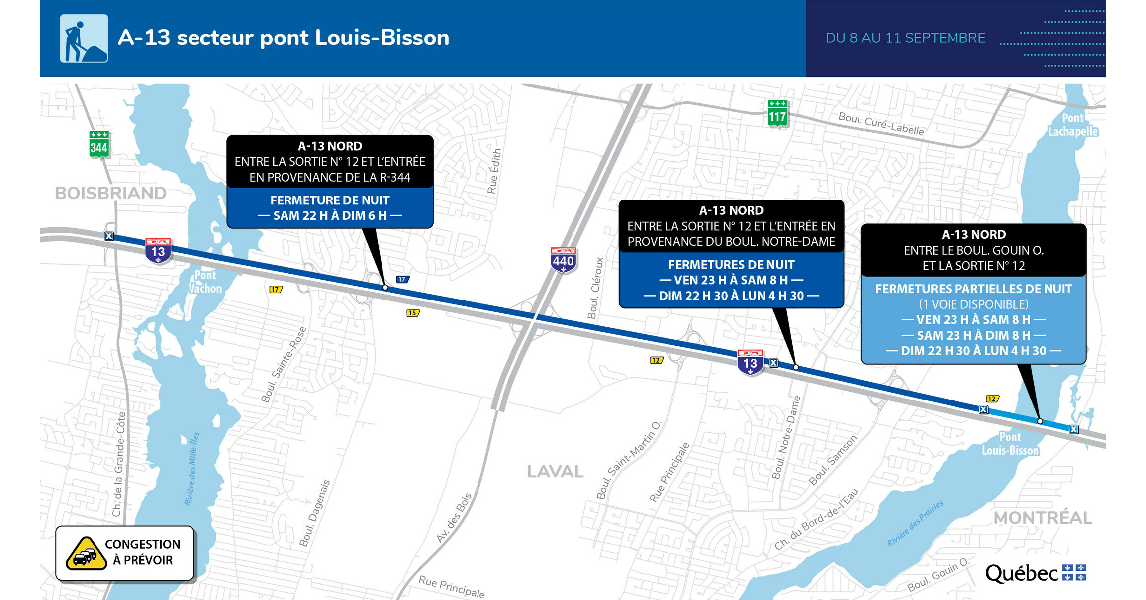 Autoroute 13 (Chomedey), à Laval - Travaux intensifs du 8 au 11 ...