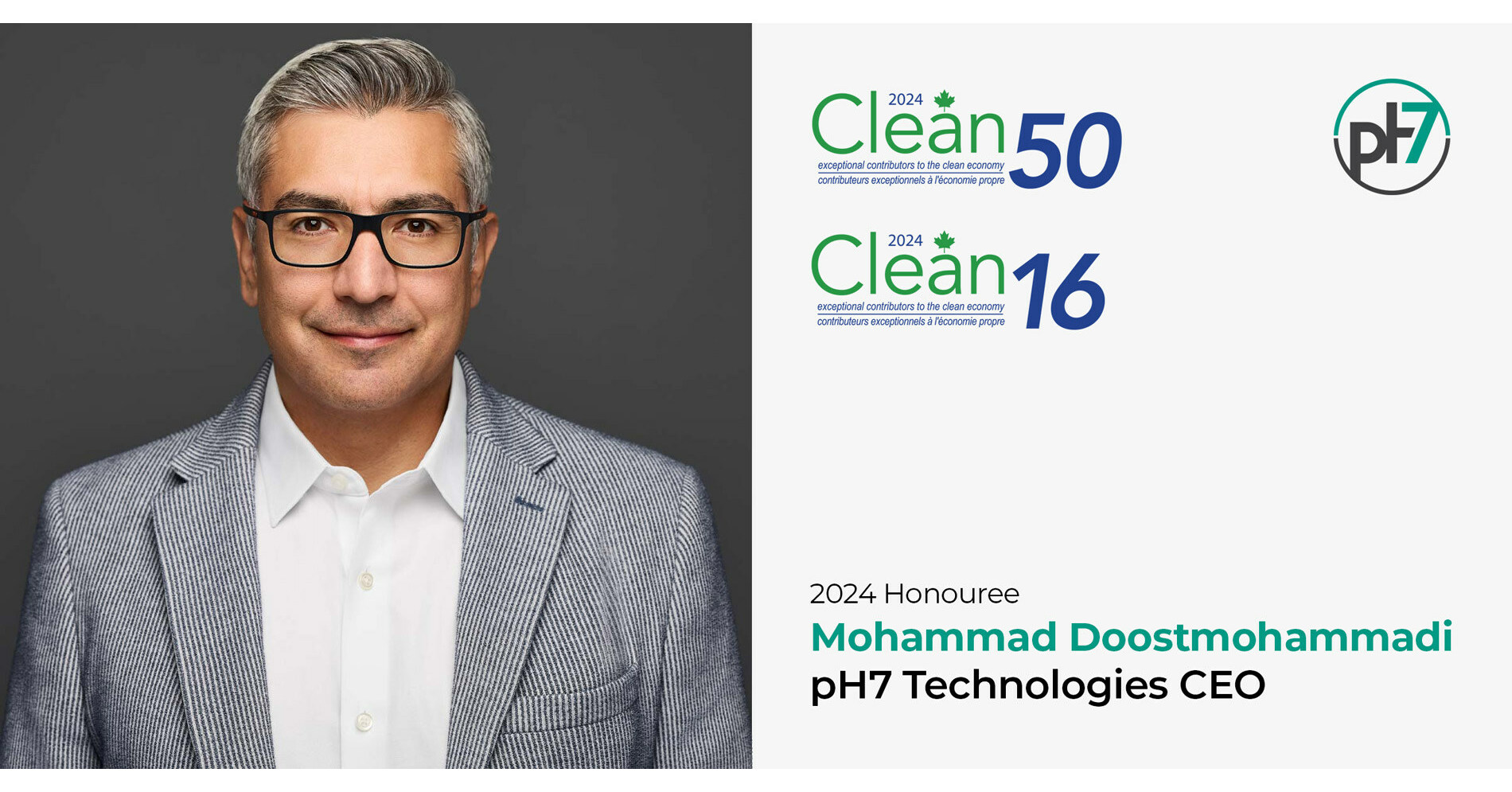 pH7 Technologies Founder and CEO Mohammad Doostmohammadi Named Clean50 and Clean16 Honouree