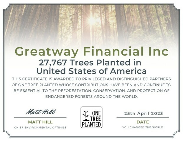 GREATWAY FINANCIAL INC. PARTNERS WITH ONE TREE PLANTED IN SUPPORT OF ...