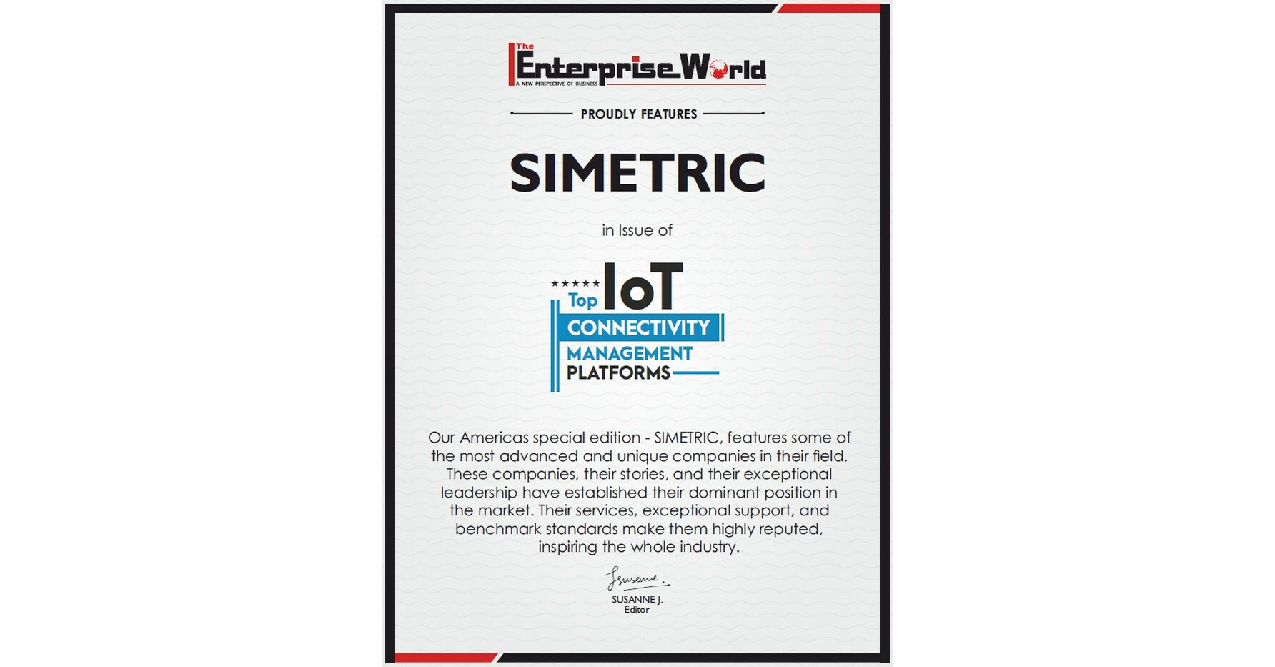 Simetric Awarded Top IoT Connectivity Management Platform by The ...