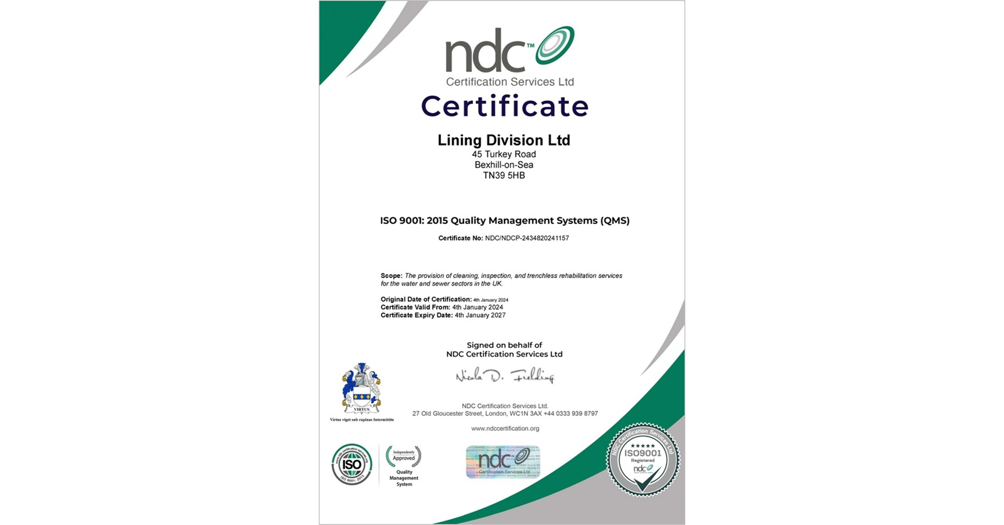 Lining Division Ltd. Receives ISO 9001:2015 Certification for Quality Management