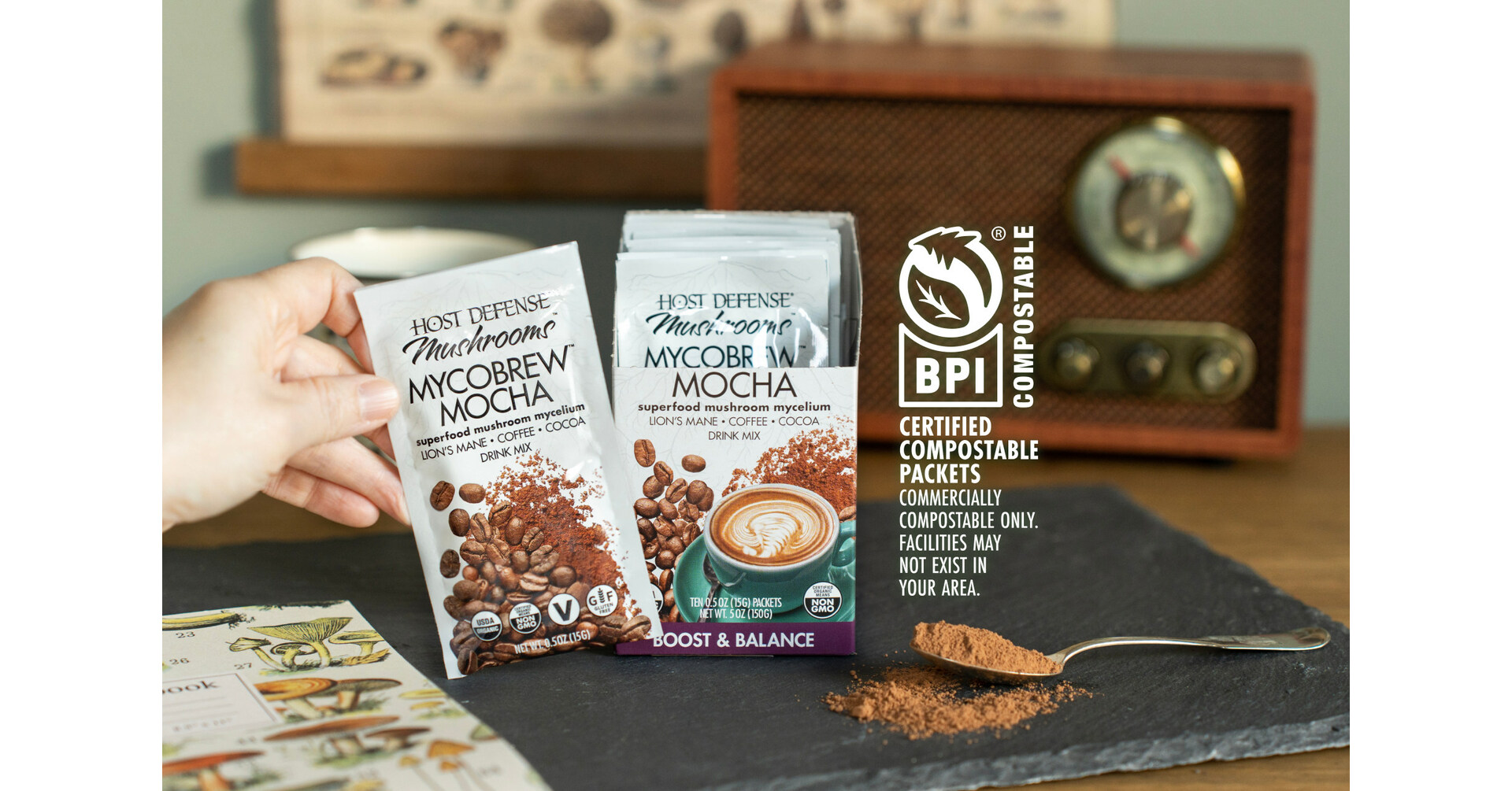 Host Defense® MycoBrew® Packets are BPI Certified Commercially Compostable!