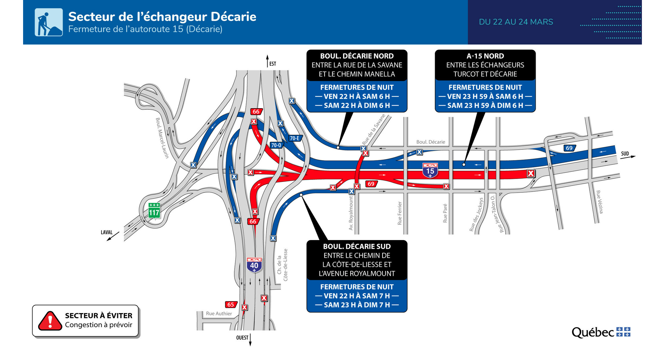 Fermetures majeures sur l'autoroute 15 (Décarie) du 22 au 25 mars 2024