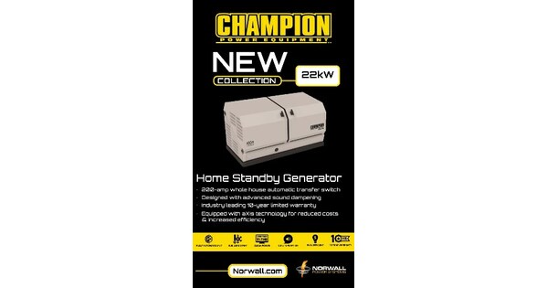 Norwall PowerSystems Adds Champion 22kW to Home Standby Line