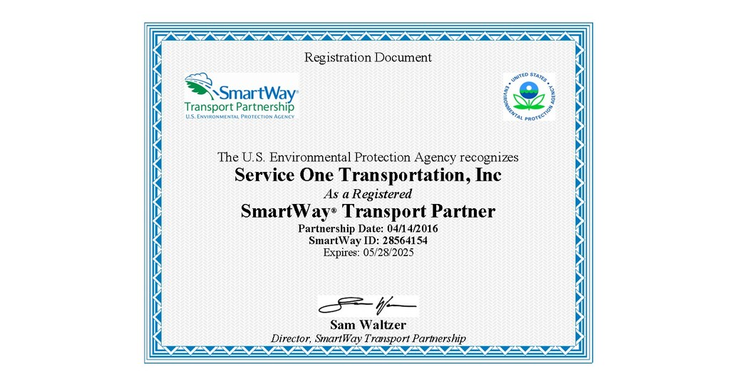 Service One Transportation, Inc. Renews with The U.S. EPA SmartWay ...