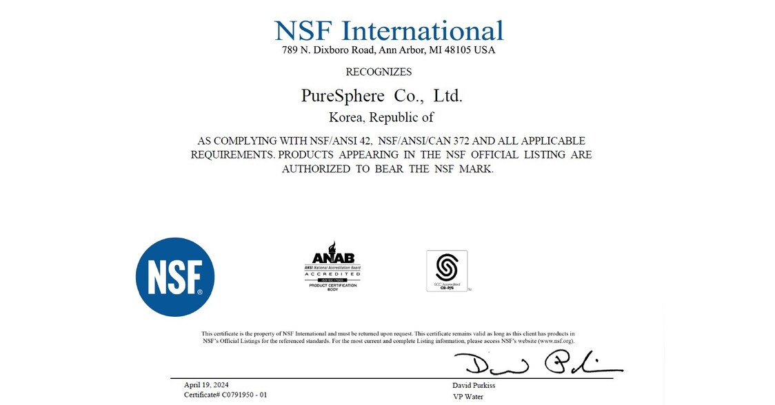 PureSphere Obtains US NSF 42/372 Certification for PureCarbon Filter M