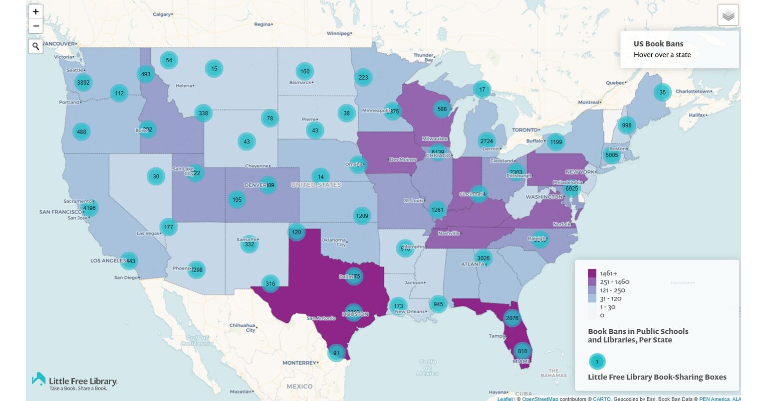 Book Ban Hotspots and Nearby Little Free Library Locations Shown on New ...