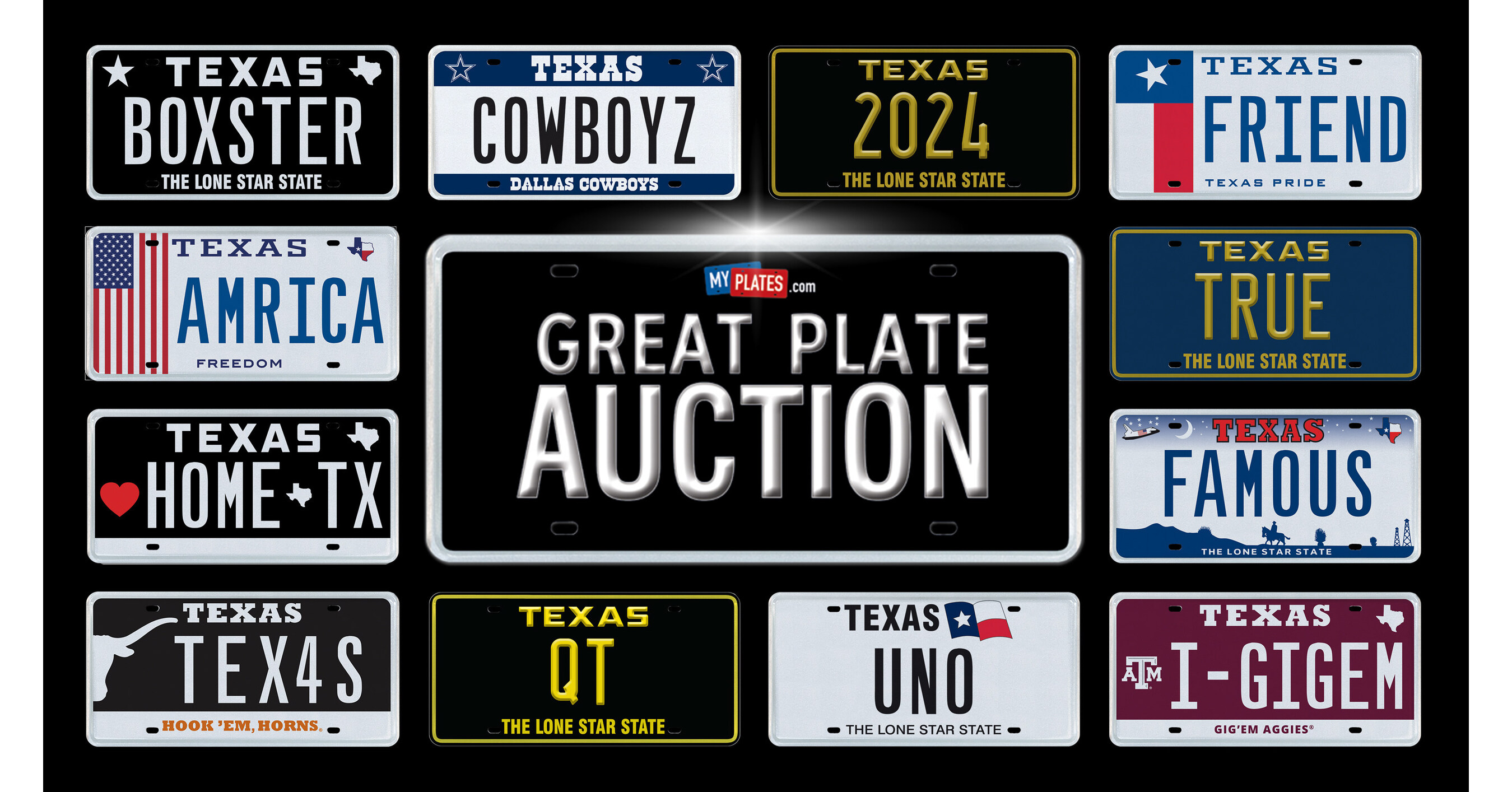 My Plates Great License Plate Auction 2024 showcases 50 unique messages.