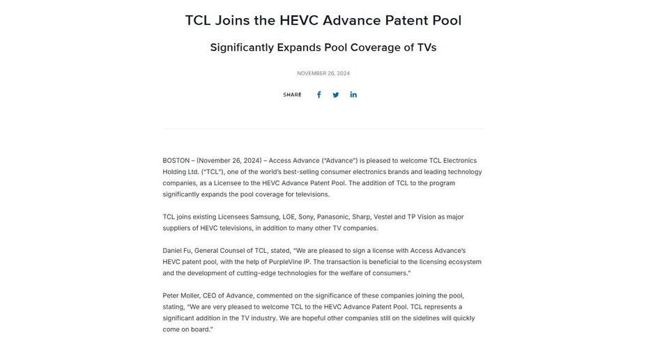 PurpleVine Drives TCL's Successful Entry into the HEVC Advance Patent Pool