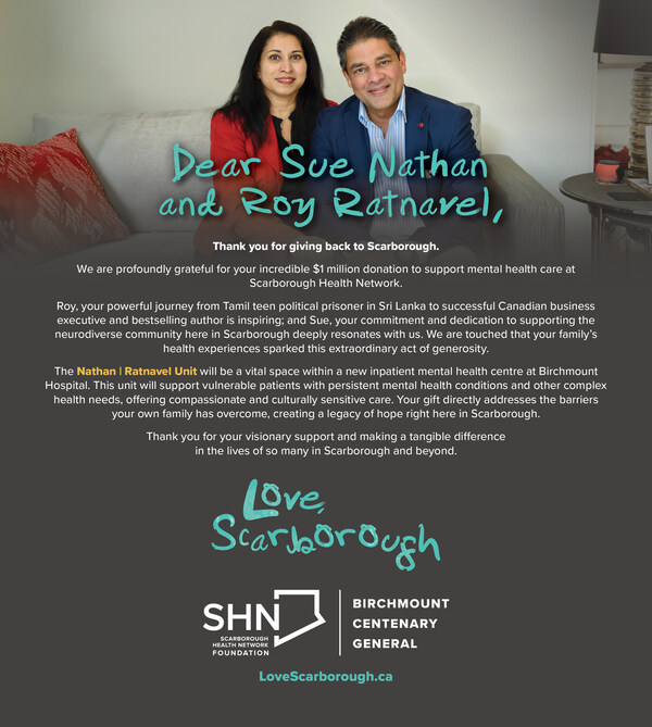 Sue Nathan and Roy Ratnavel Donate $1 Million to Scarborough Health ...