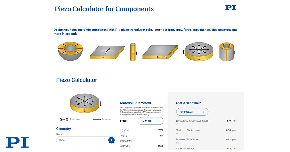 Piezo Component Calculator, a New Engineering Tool by PI