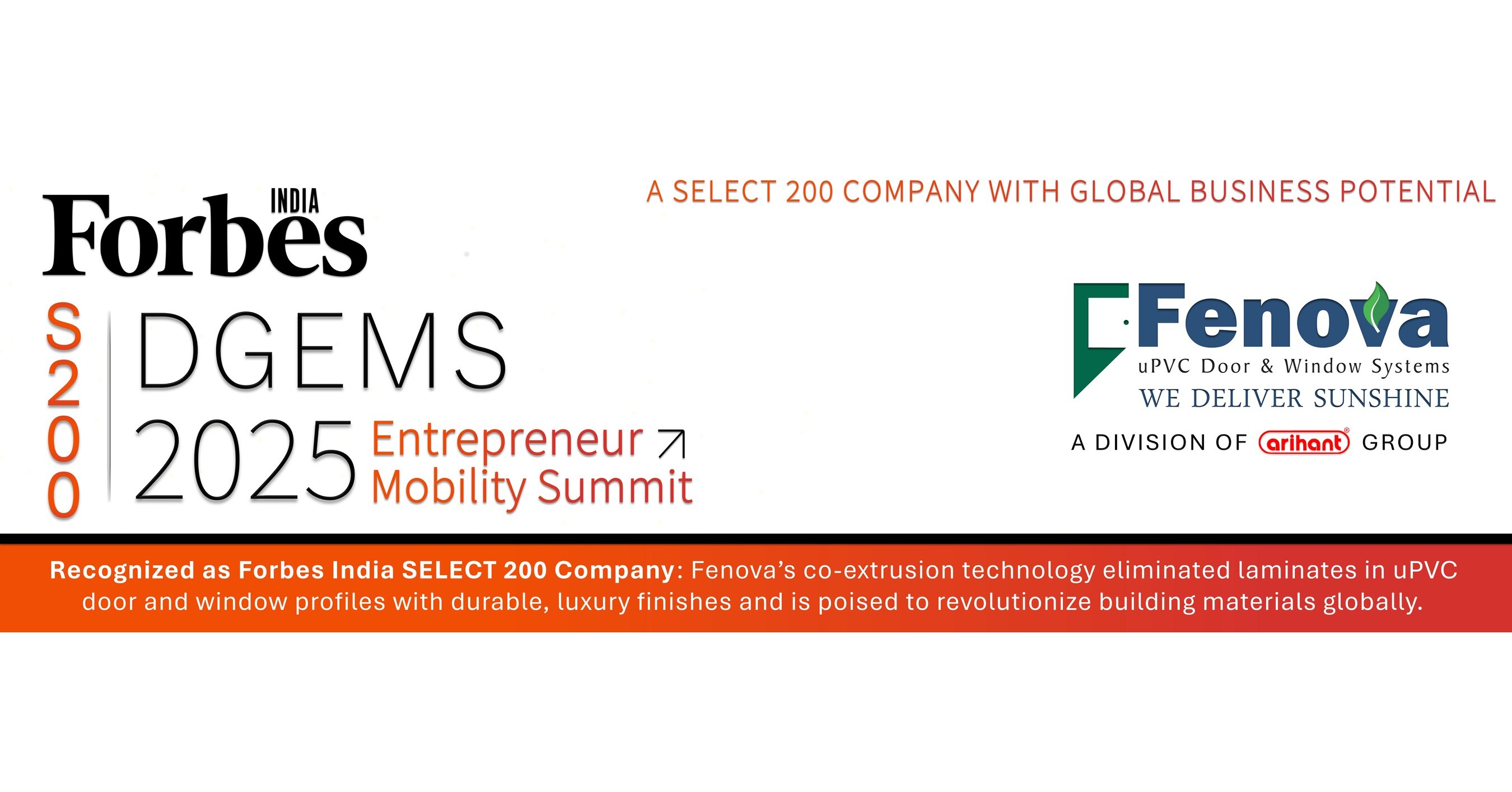 Fenova uPVC Door & Window Systems Recognized by Forbes India DGEMS as a ...