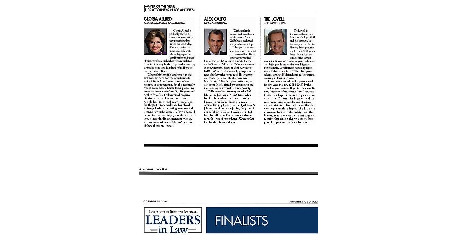 Tre Lovell Joins Gloria Allred As Finalist In Lawyer Of The Year