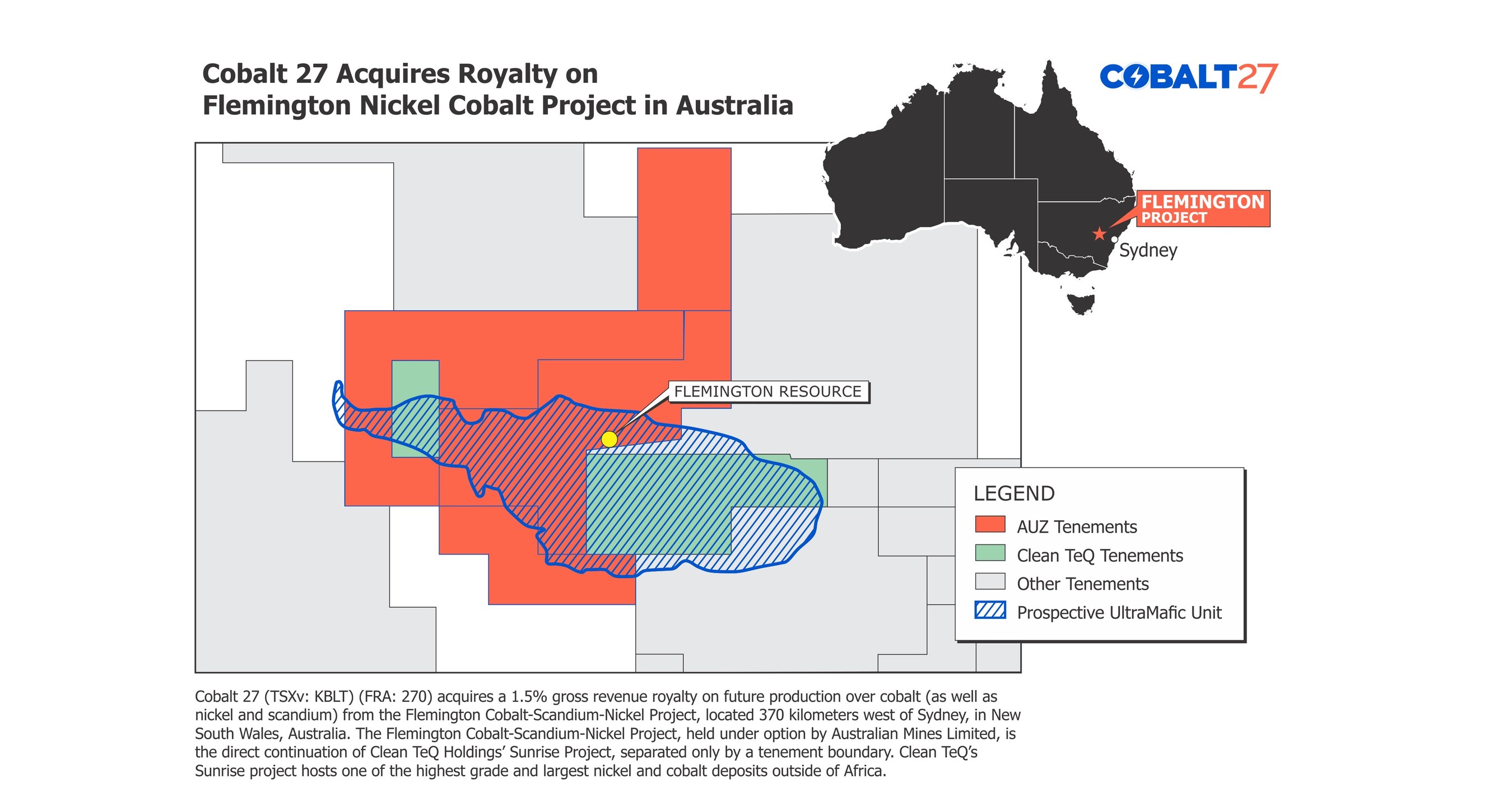 Cobalt 27 Acquires Royalty on Flemington Nickel Cobalt Project in Australia