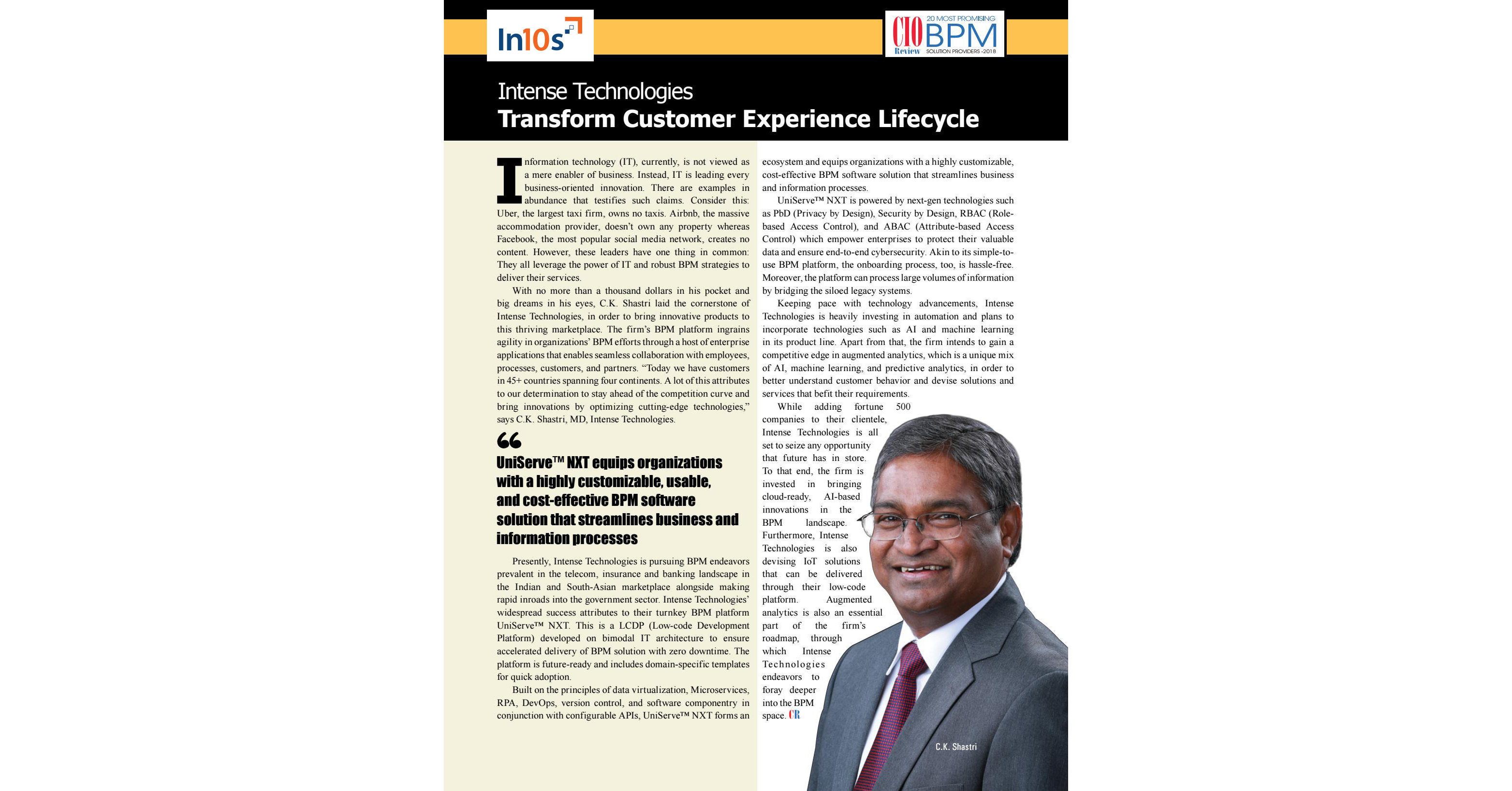 Intense Technologies Featured as One of the 20 Most Promising BPM ...